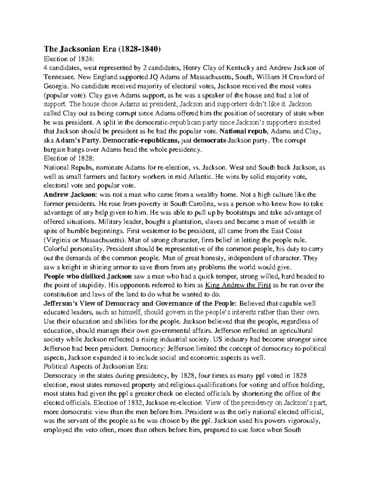 The Jacksonian Era - Lecture notes 7 - The Jacksonian Era (1828-1840 ...