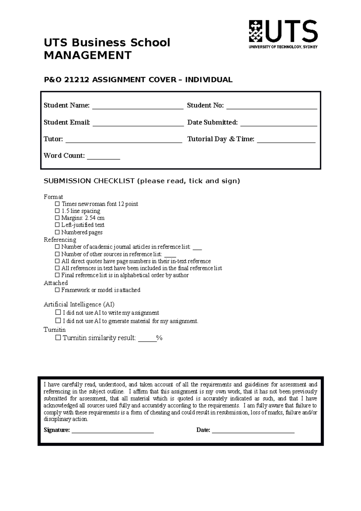 Individual Cover Sheet-3 - UTS Business School MANAGEMENT P&O 21212 ...