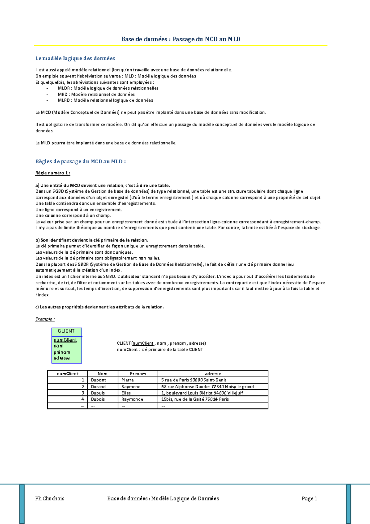 Cours MLD - Base de données : Passage du MCD au MLD Le modèle logique ...