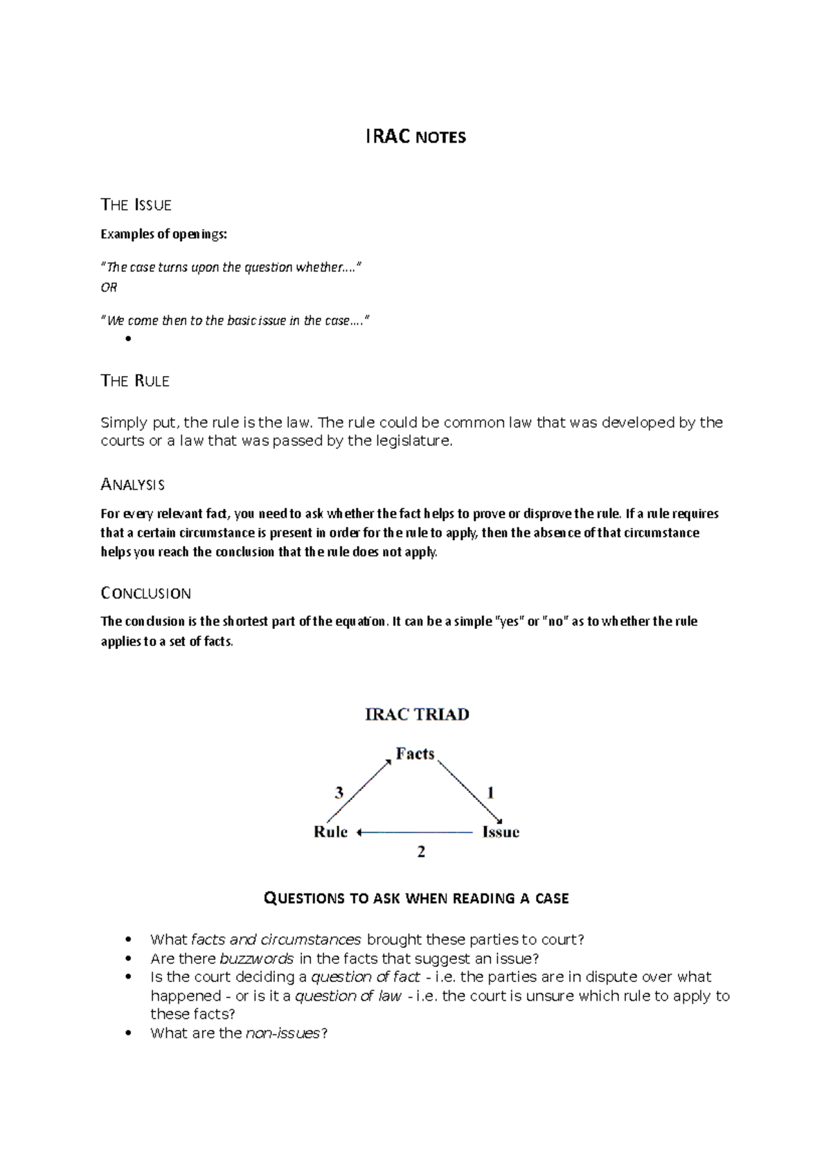 IRAC notes - IRAC method of question answering summary for open book ...