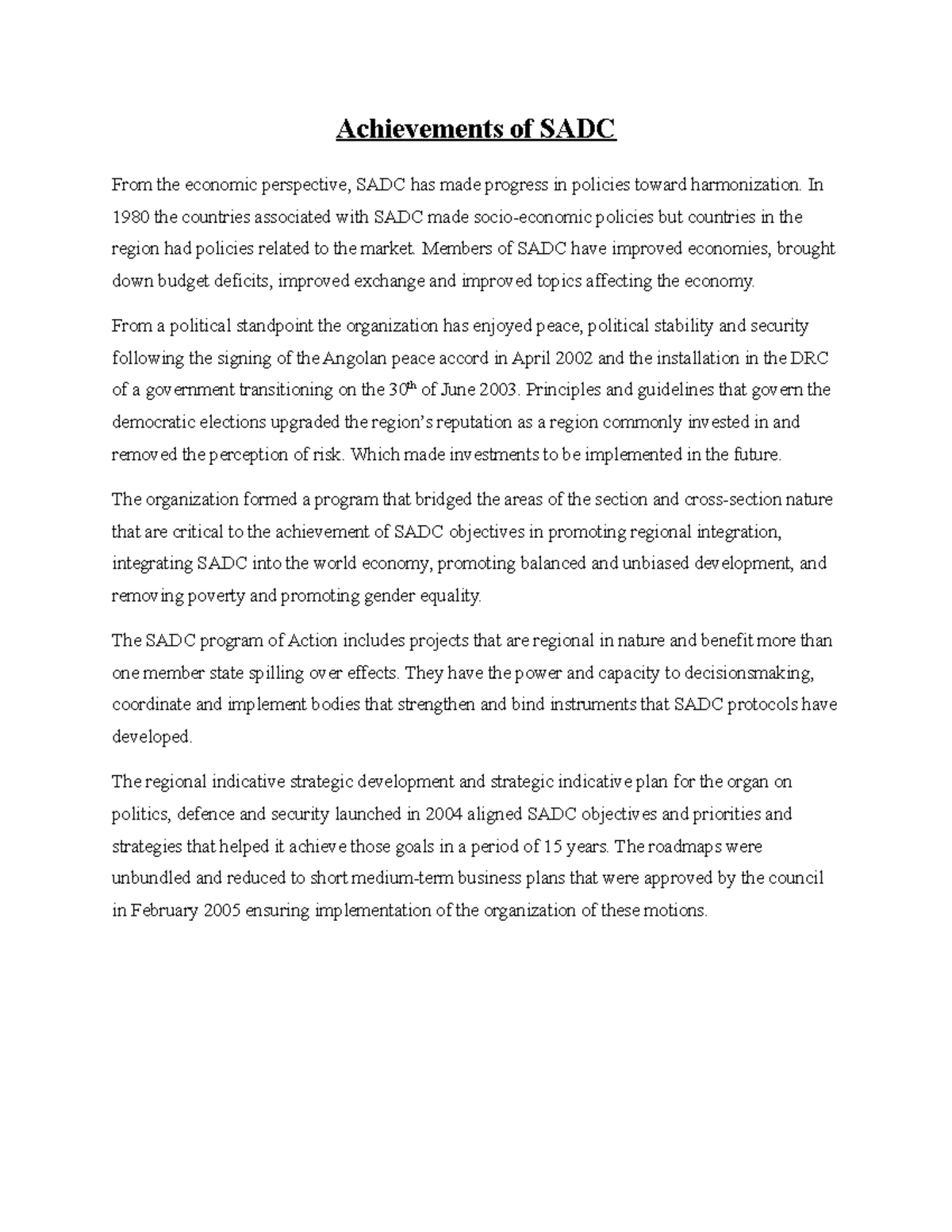 Achievements of SADC - Roles of International Organisations ...