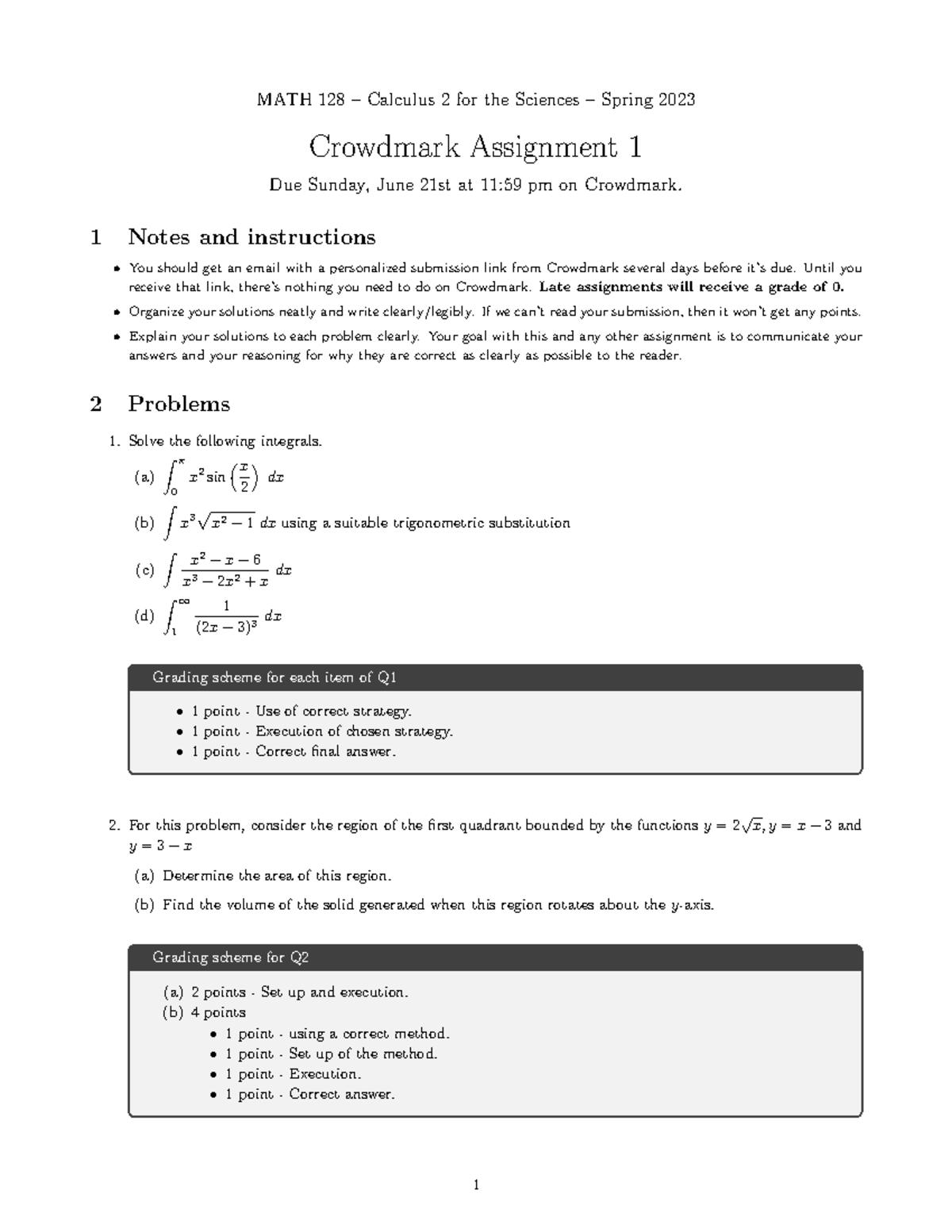 Crowdmark Assignment 1 - MATH 128 – Calculus 2 for the Sciences – Spring 2023 Crowdmark ...