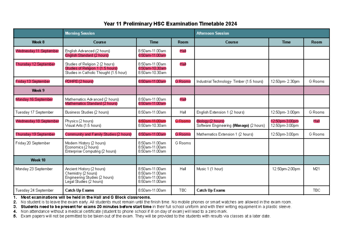 HSSC Year 11 Preliminary HSC Examination Timetable 2024 - Year 11 ...