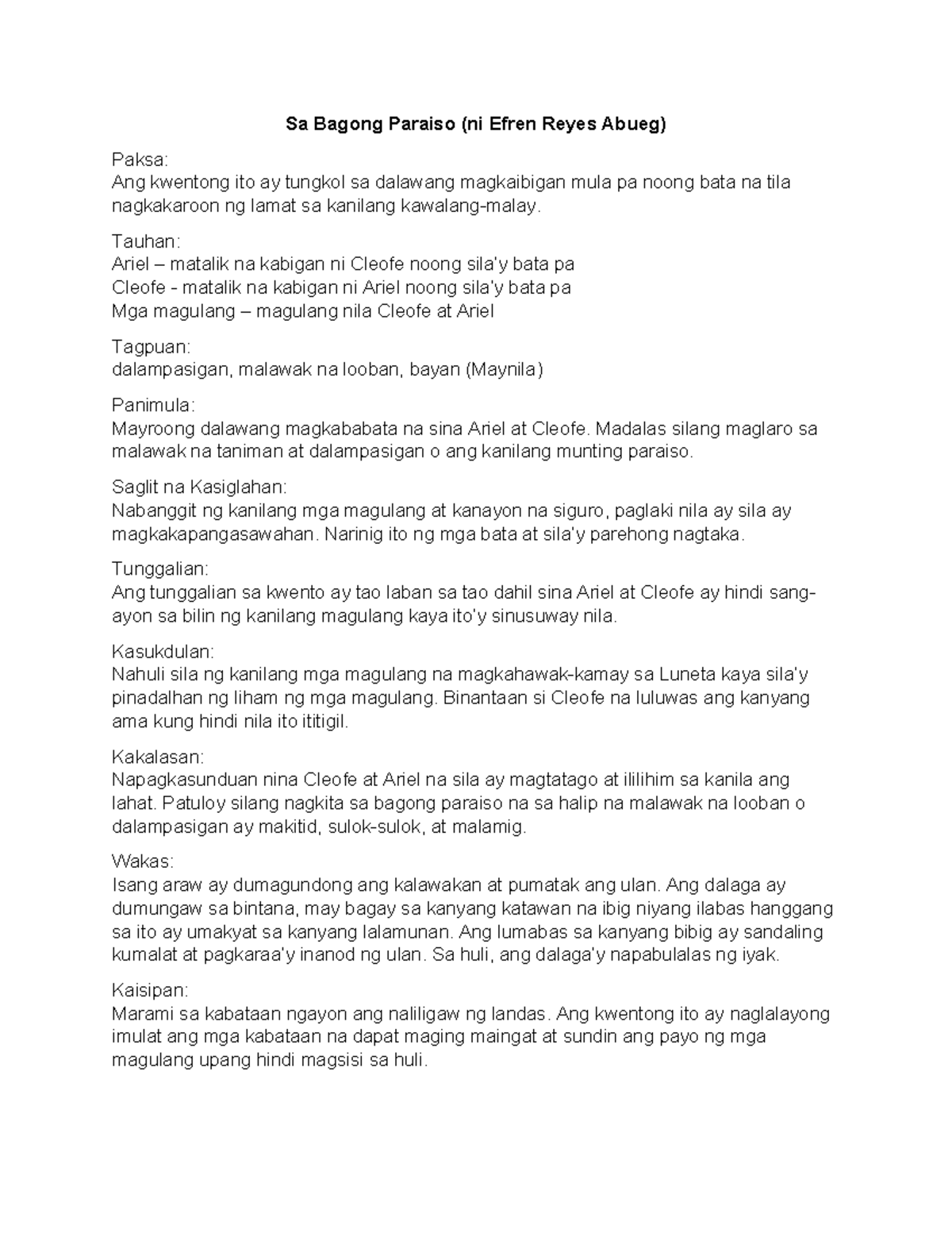 Pdfcoffee.com sa-bagong-paraiso-3-pdf-free - Sa Bagong Paraiso (ni Efren Reyes Abueg) Paksa: Ang ...