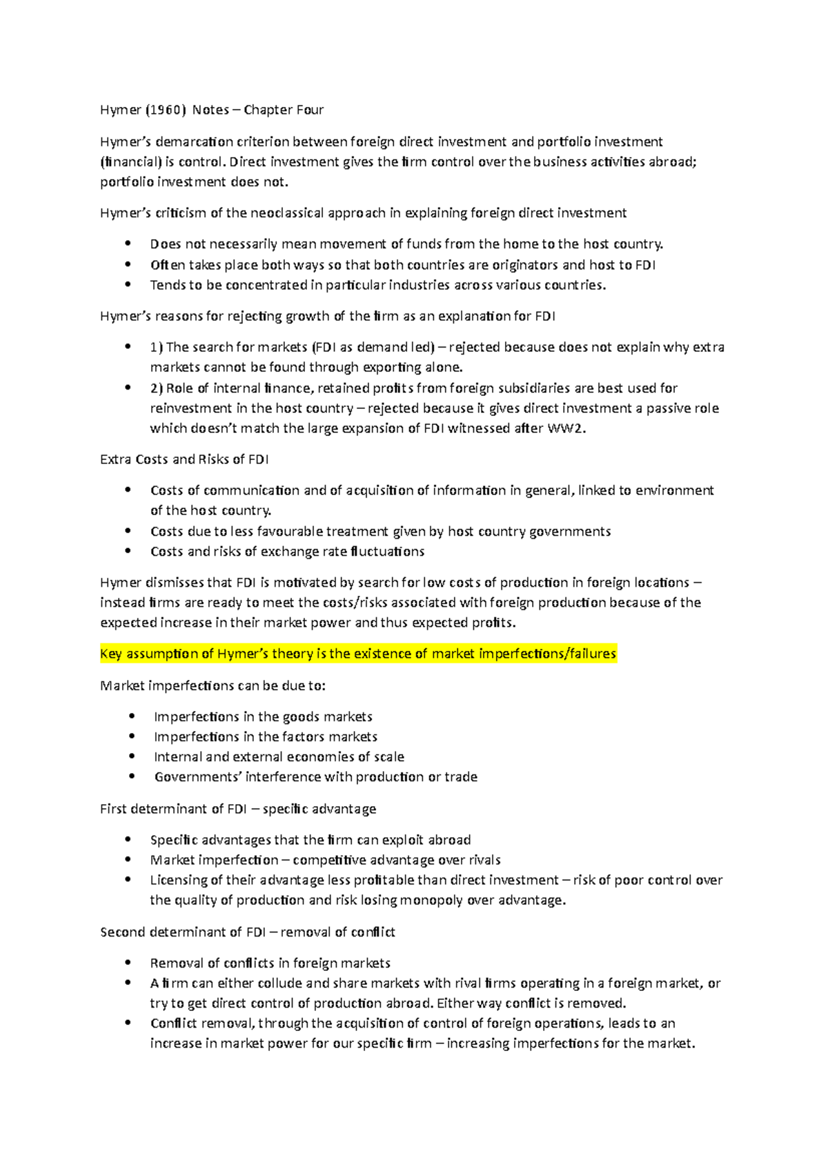 Theories reading notes - Hymer (1960) Notes – Chapter Four Hymer’s ...