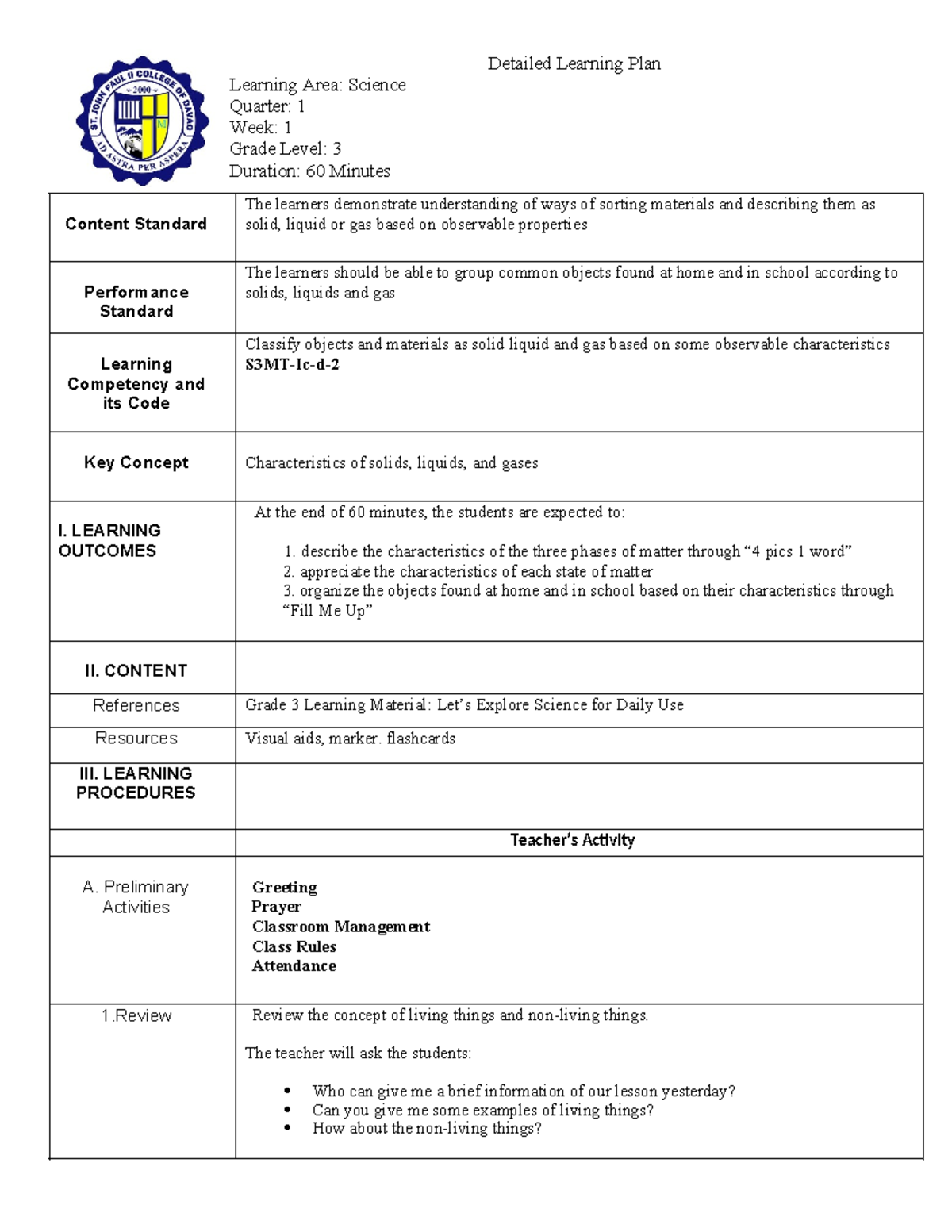 Final LP - Detailed Learning Plan Learning Area: Science Quarter: 1 ...