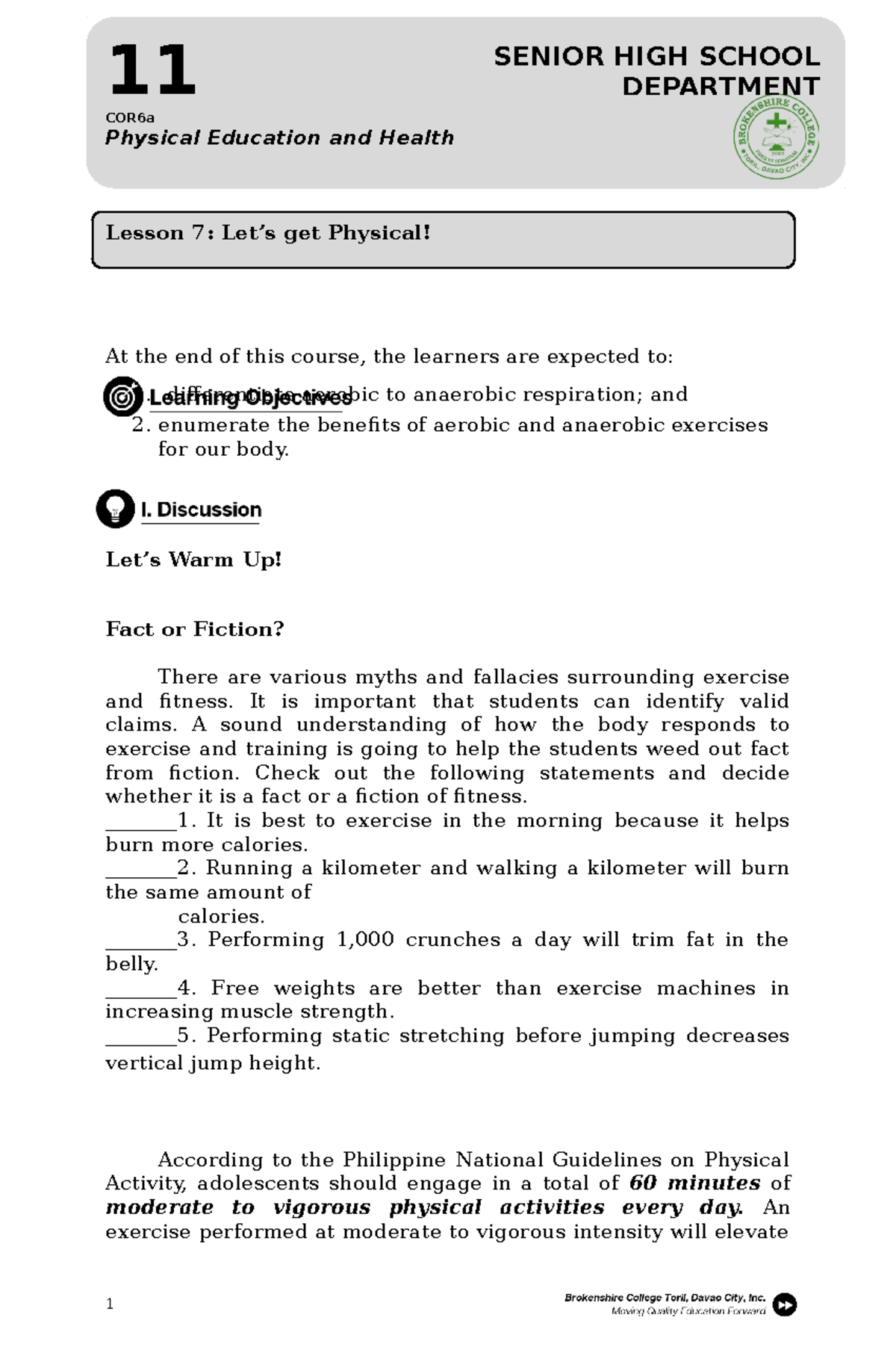 P.E 11 Module 7 - Lecture notes 1 - At the end of this course, the ...