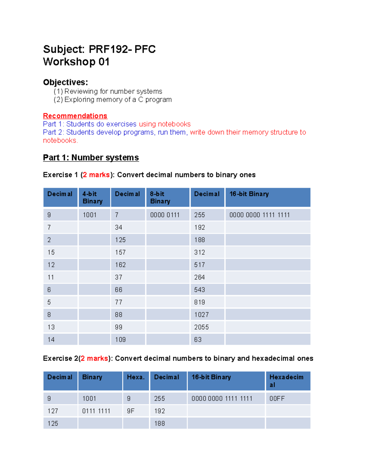 Workshop 01 - PRF101 Answer to lab1 and question for prf - Subject: PRF192- PFC Workshop 01 ...