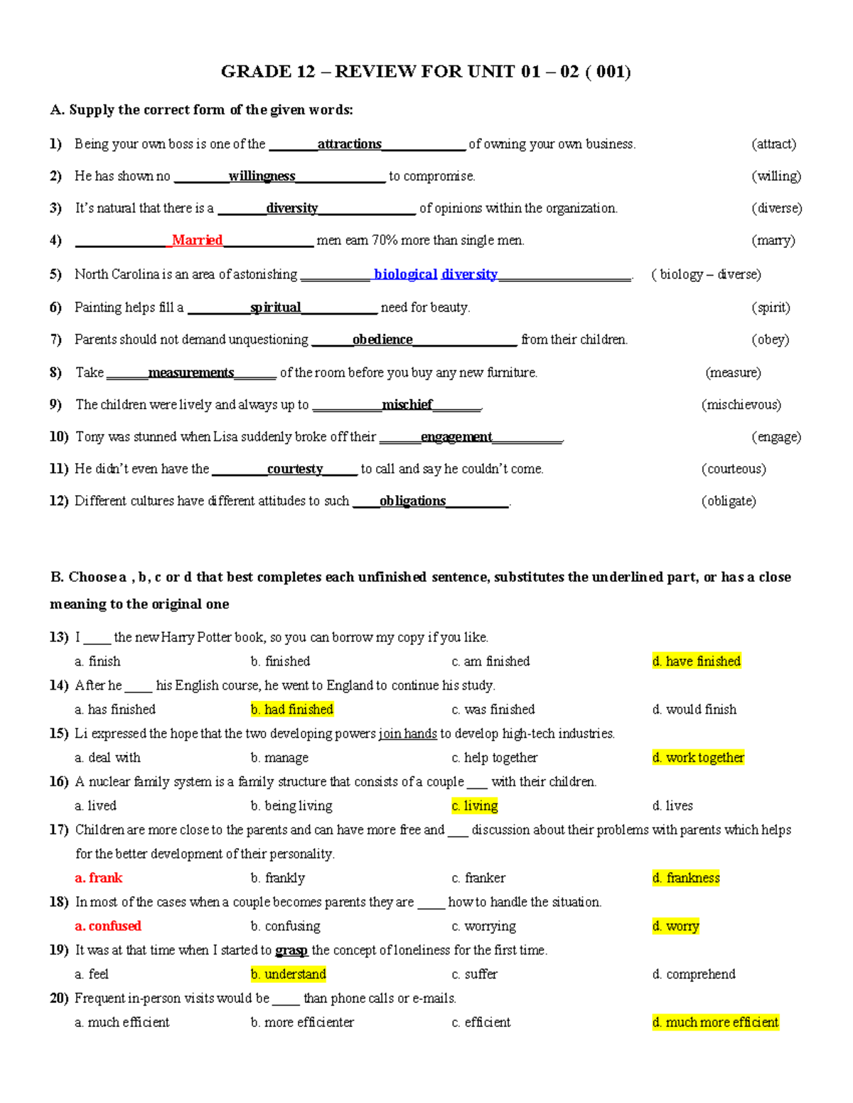 Grade 12 Review UNIT 01 - 02 TEST 001 test - GRADE 12 – REVIEW FOR UNIT ...