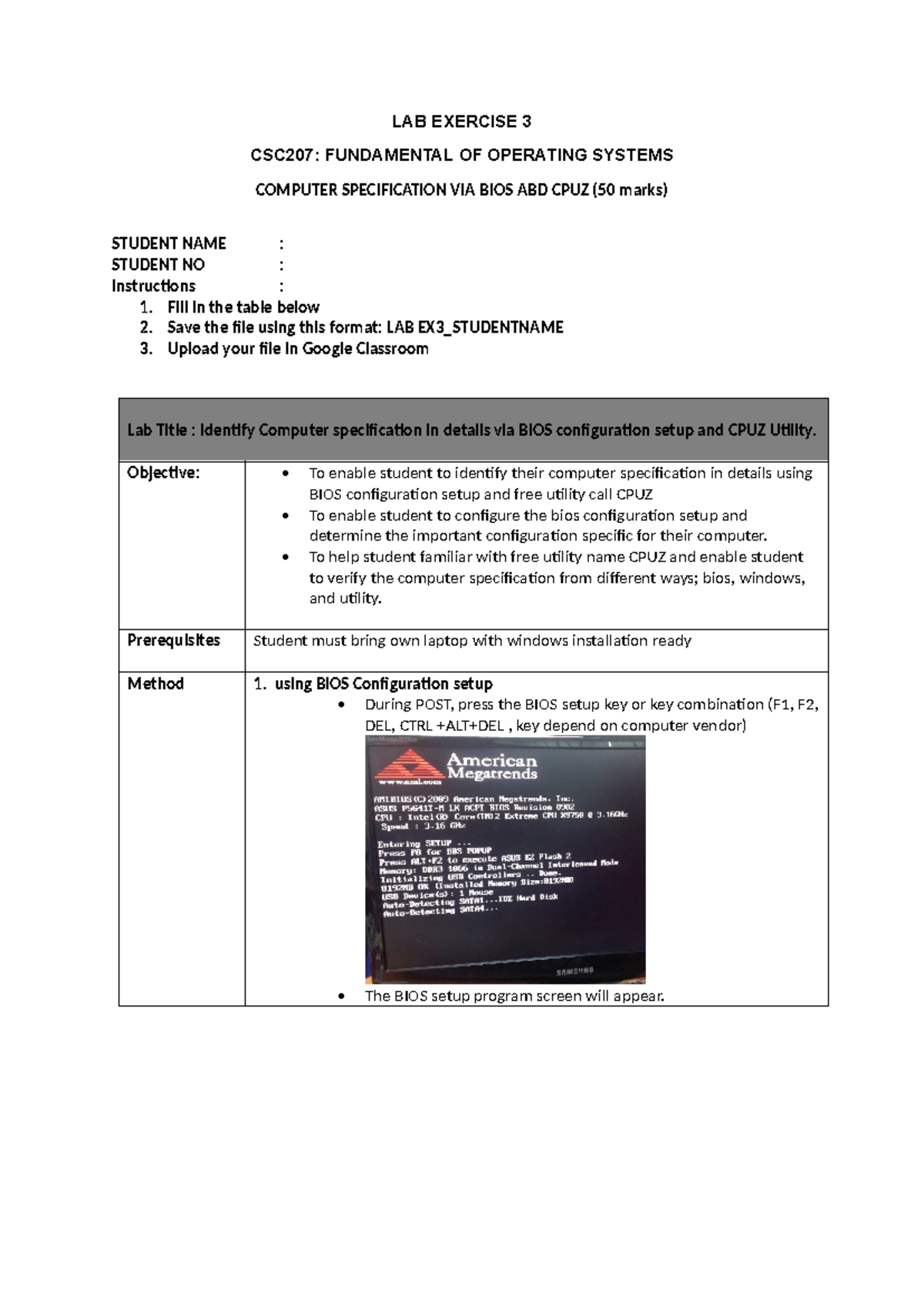LAB Exercise 3 - BIOS NAD CPUZ - LAB EXERCISE 3 CSC207: FUNDAMENTAL OF OPERATING SYSTEMS ...