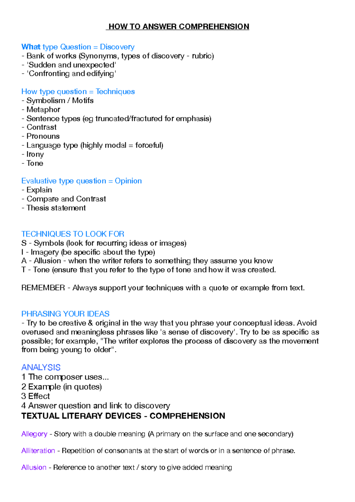 COMP - Notes for comprehension which i used and received a 19/20 in HSC ...