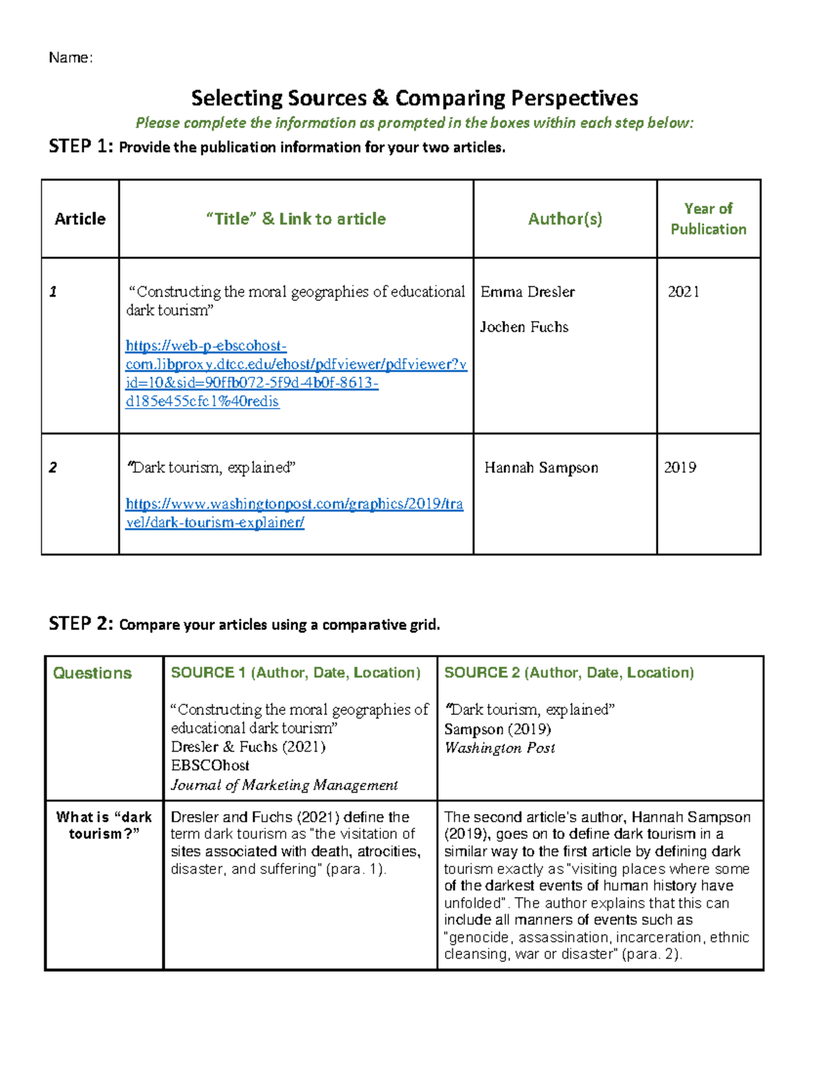 Sample Comparing Author Perspectives - Name: Selecting Sources ...