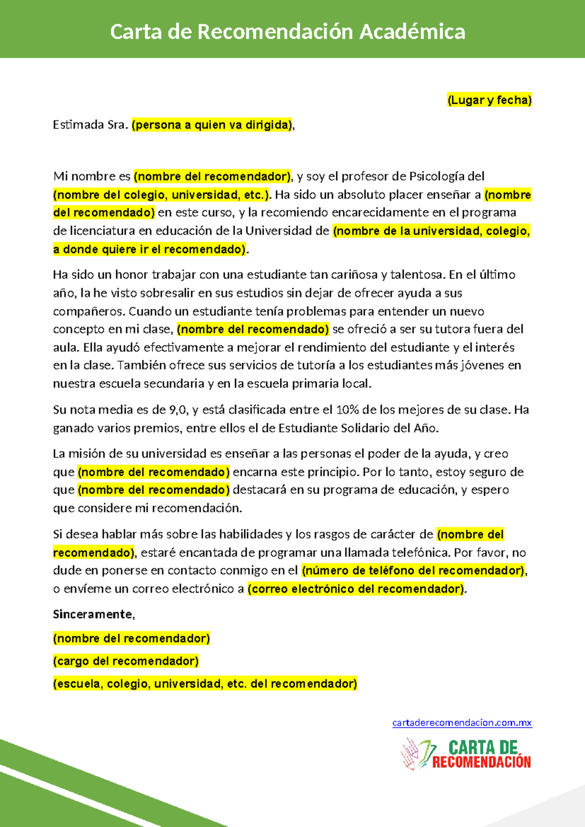 Modelo de carta de recomendacion academica word - DESCARGA (Lugar y ...