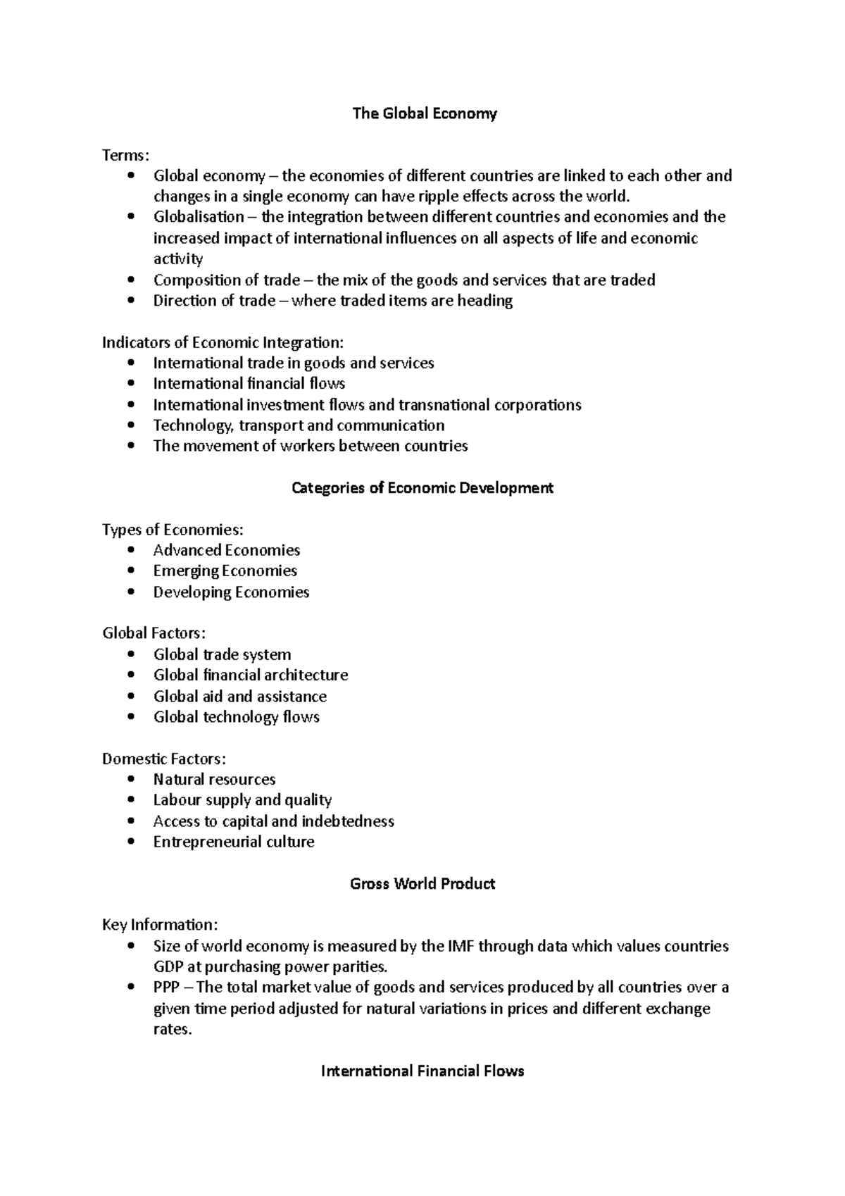 Economics Notes - The Global Economy Terms: Global economy – the ...