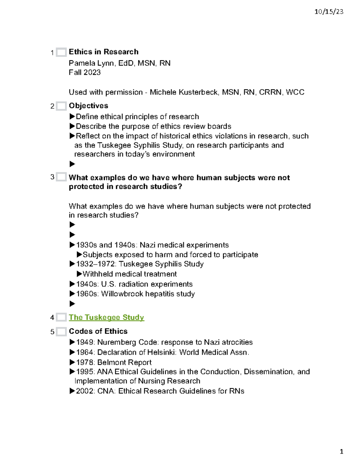 NUR 460 Chapter 6 - 10/15/ 1 Ethics in Research Pamela Lynn, EdD, MSN ...