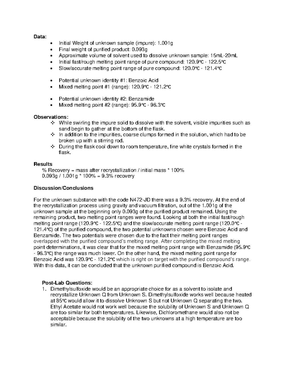 Experiment 1 Post-lab - lab report - Data: - Initial Weight of unknown sample (impure): 1 ...