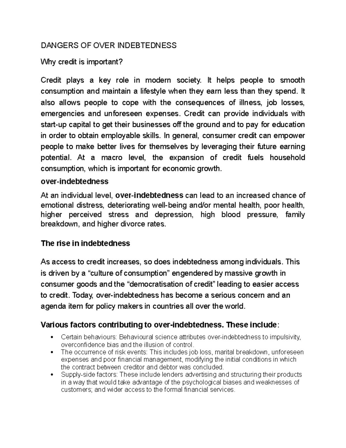 Dangers OF OVER Indebtedness - DANGERS OF OVER INDEBTEDNESS Why credit ...