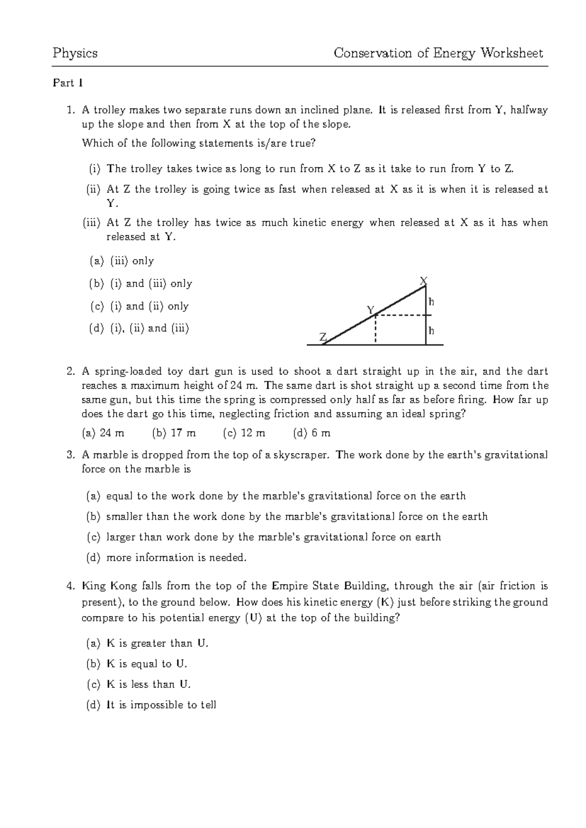 Worksheet 05 Energy - Physics Conservation of Energy Worksheet Part I A ...