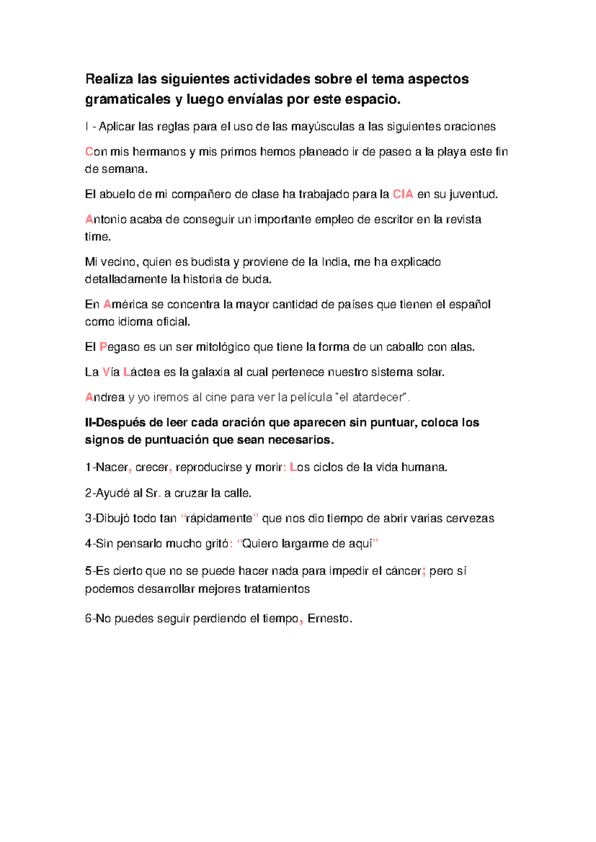 Uso de mayuscula y puntuacion - Realiza las siguientes actividades ...
