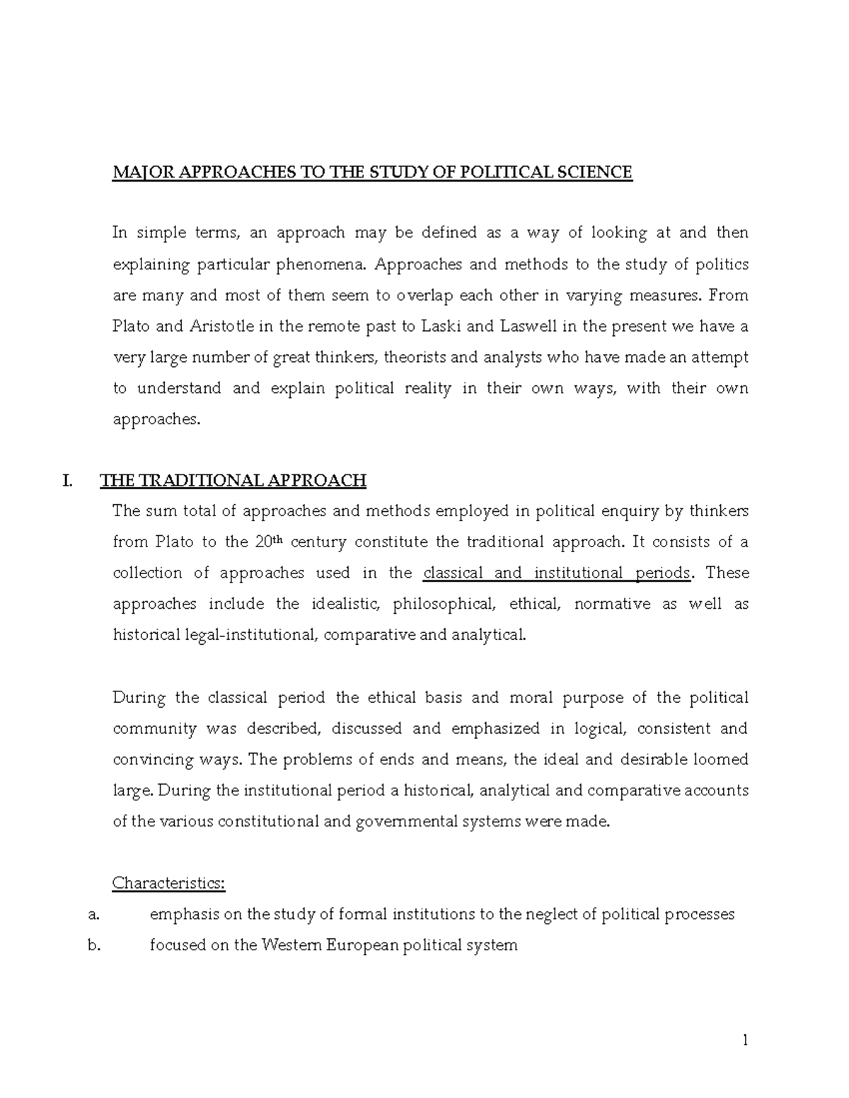 Approaches in Political science - MAJOR APPROACHES TO THE STUDY OF ...