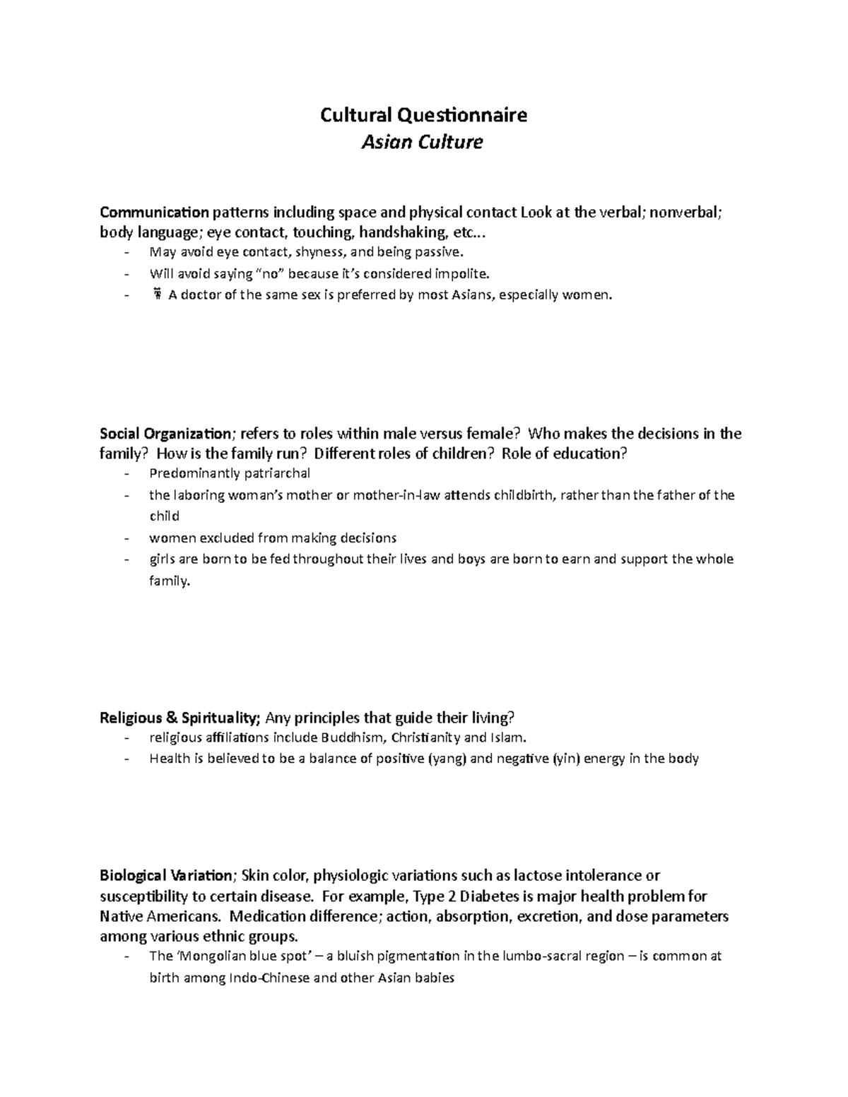 Cultural Questionnaire - Cultural Questionnaire Asian Culture ...