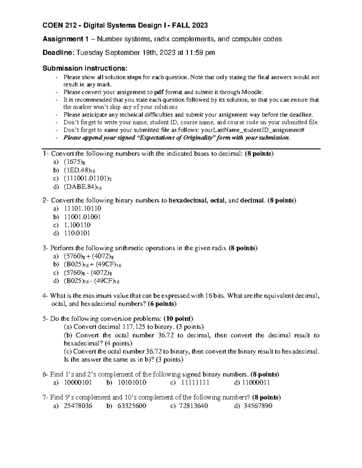 Assignment 1 - COEN 212 - Digital Systems Design I - FALL 2023 ...