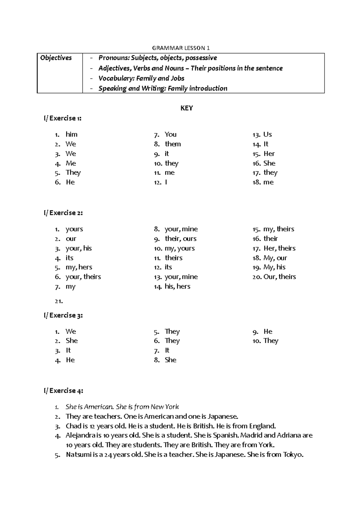 Starter lesson 1 - Key - GRAMMAR LESSON 1 Objectives Pronouns: Subjects ...