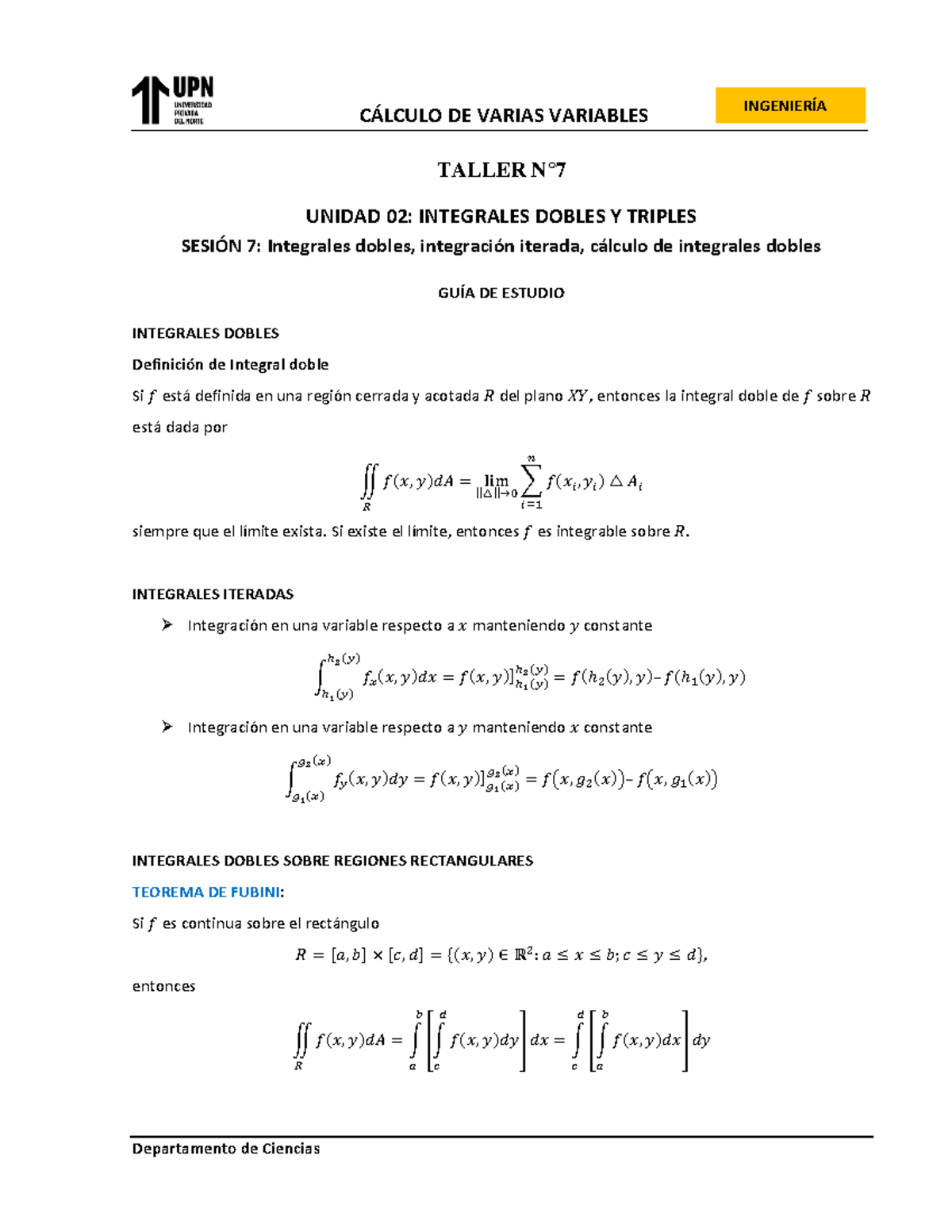 Taller de Teoría Semana 07 - C¡LCULO DE VARIAS VARIABLES TALLER N° UNIDAD 02: INTEGRALES DOBLES ...