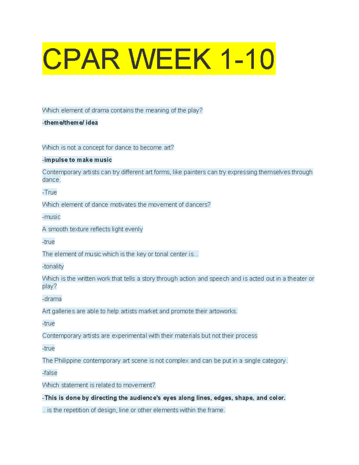 408609147 CPAR WEEK 1 10 docx - CPAR WEEK 1- Which element of drama contains the meaning of the ...