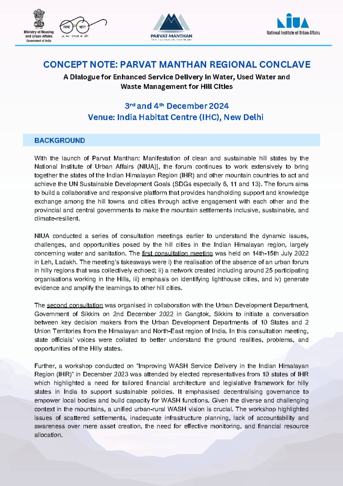 Regional conclave draft concept note and agenda - ####### BACKGROUND With the launch of Parvat ...