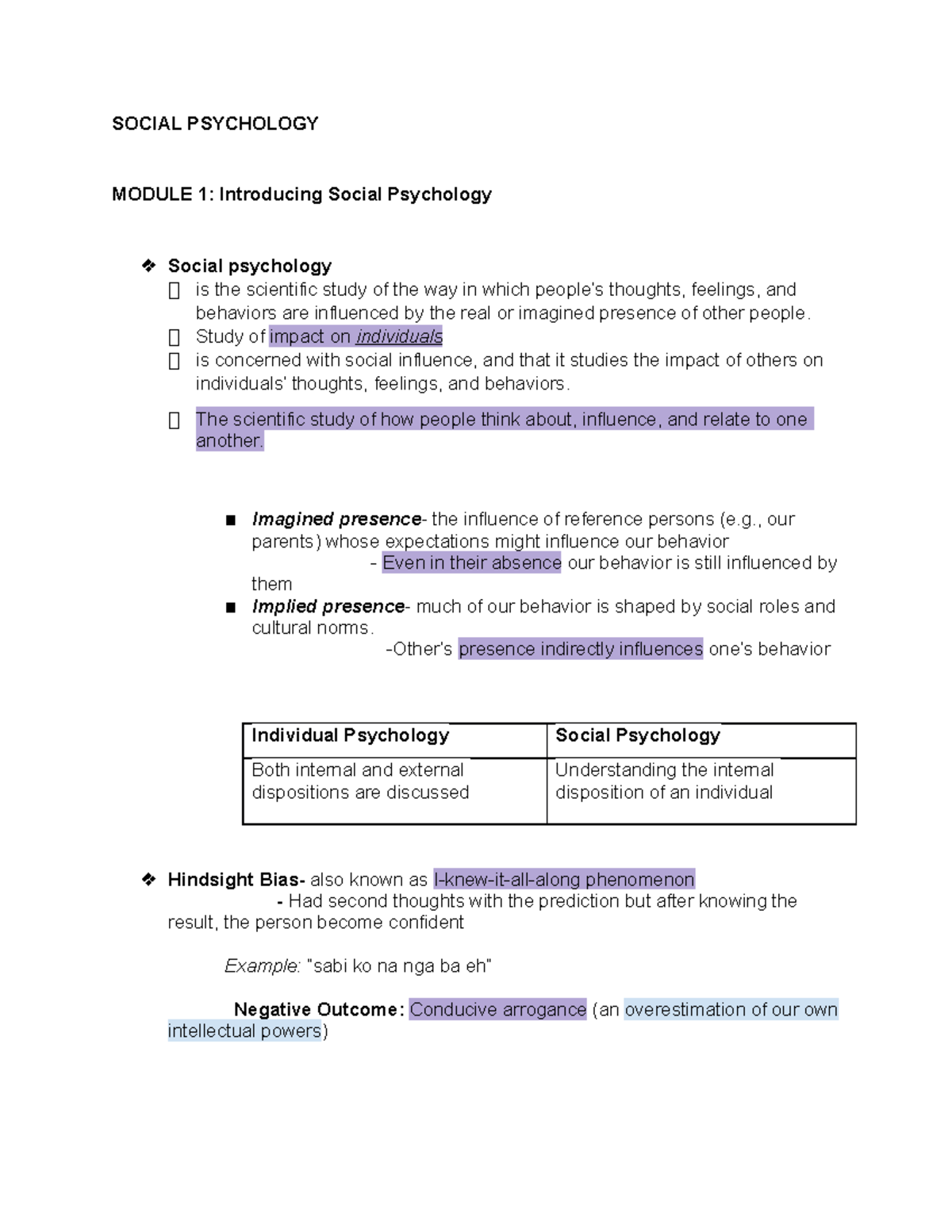 Social Psychology reviewer - SOCIAL PSYCHOLOGY MODULE 1: Introducing ...