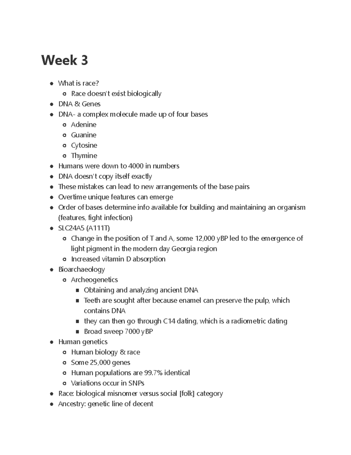 Week 3 Lecture Notes Week 3 What Is Race Race Doesn T Exist Biologically Dna And Genes Dna A