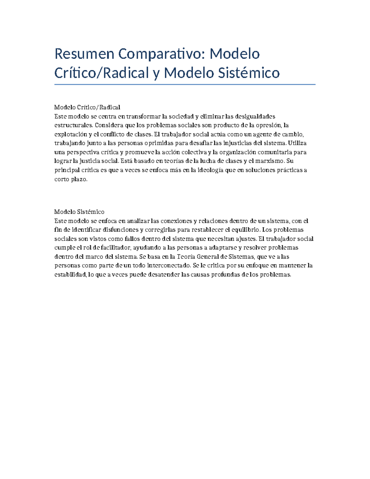 Resumen Comparativo Modelo Critico vs Sistemico - Resumen Comparativo ...