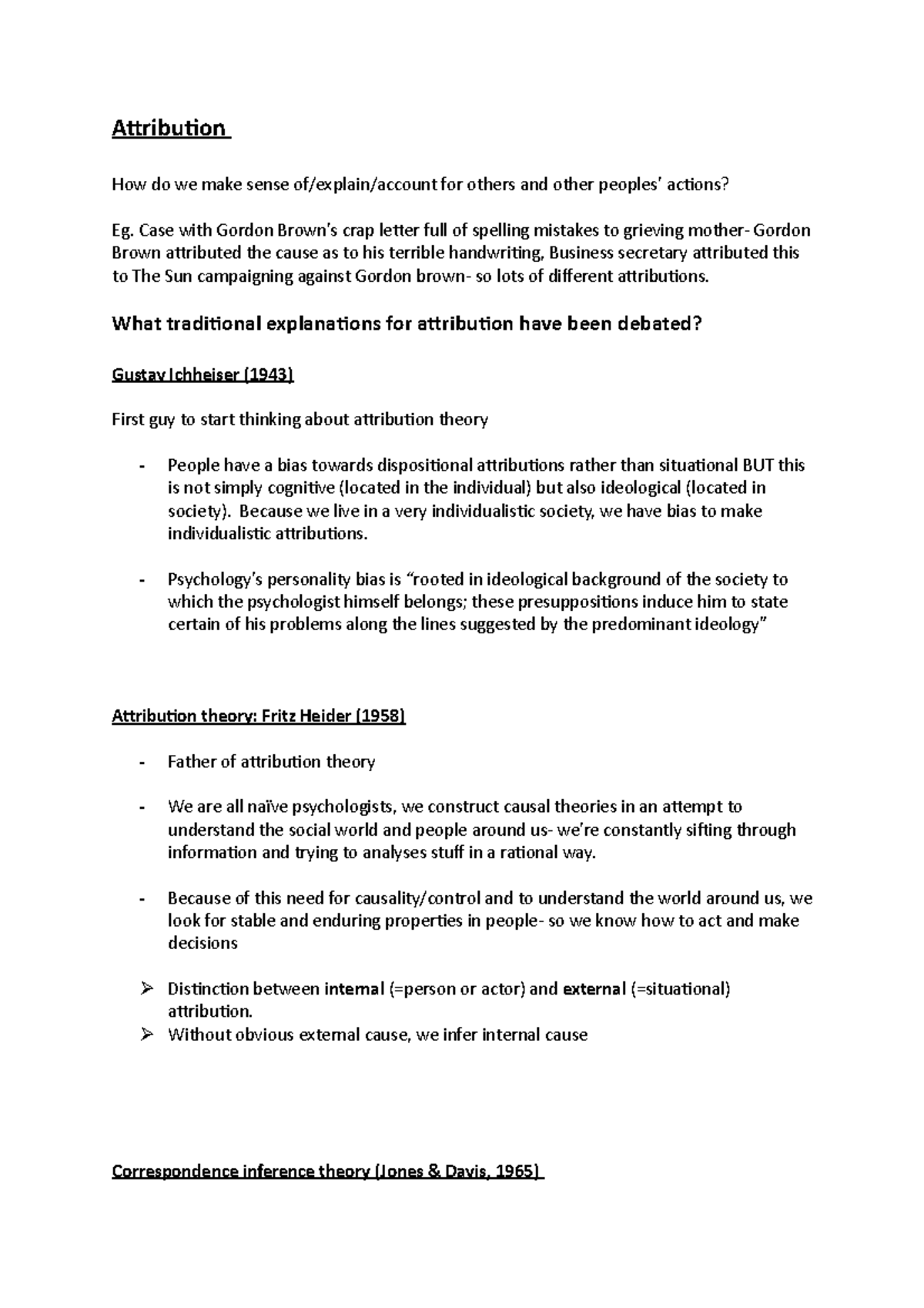 Attribution - Summary Social psychology, personality and individual ...