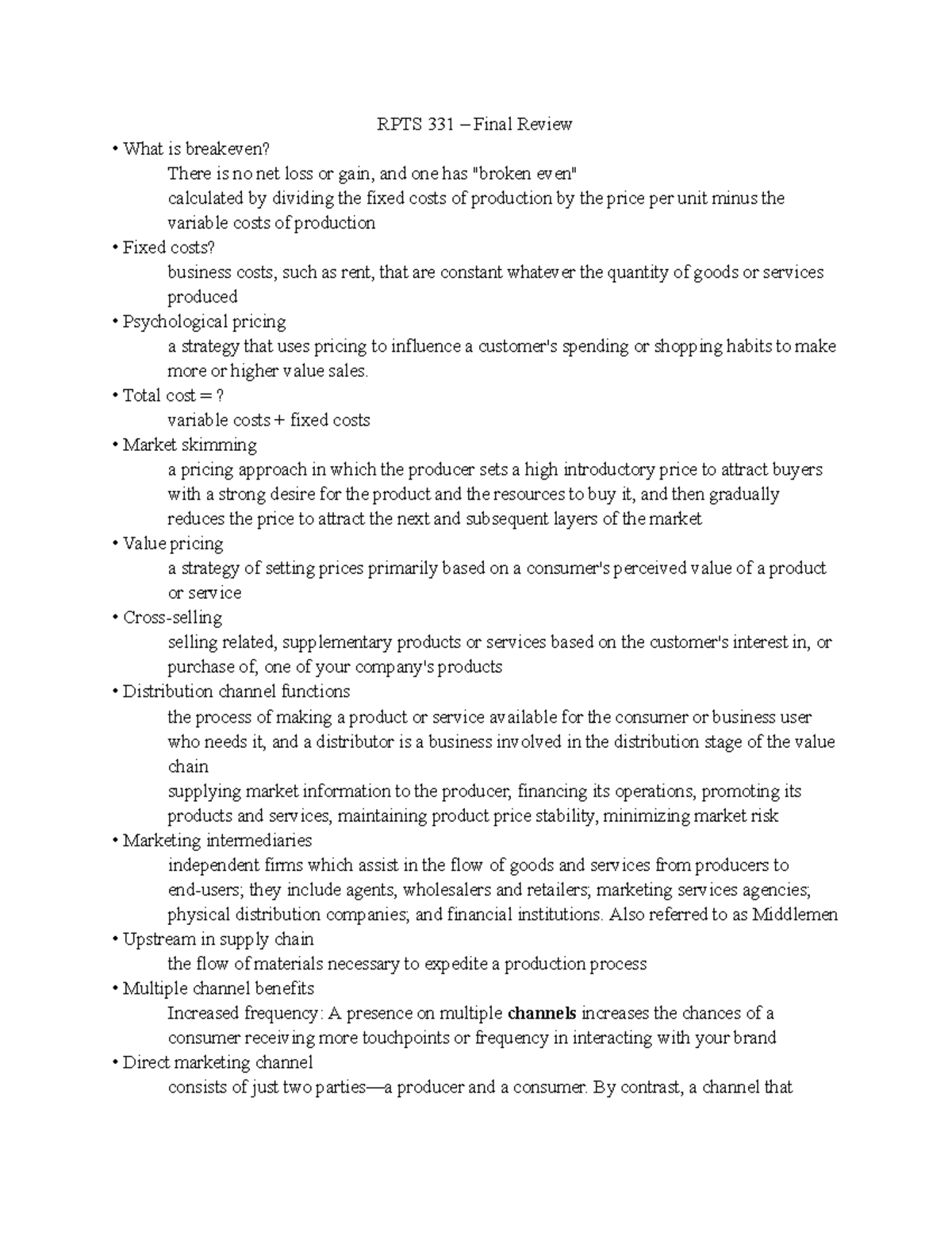 RPTS 331: Final Review - RPTS 331 – Final Review What is breakeven ...