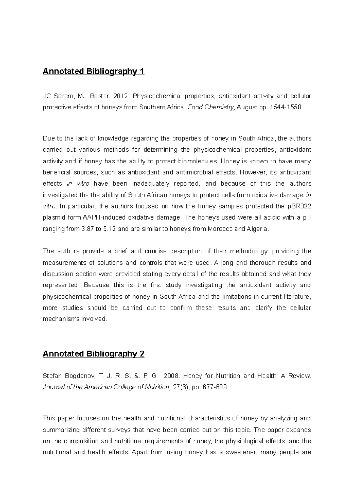 Annotated Bibliography - 2012. Physicochemical properties, antioxidant ...