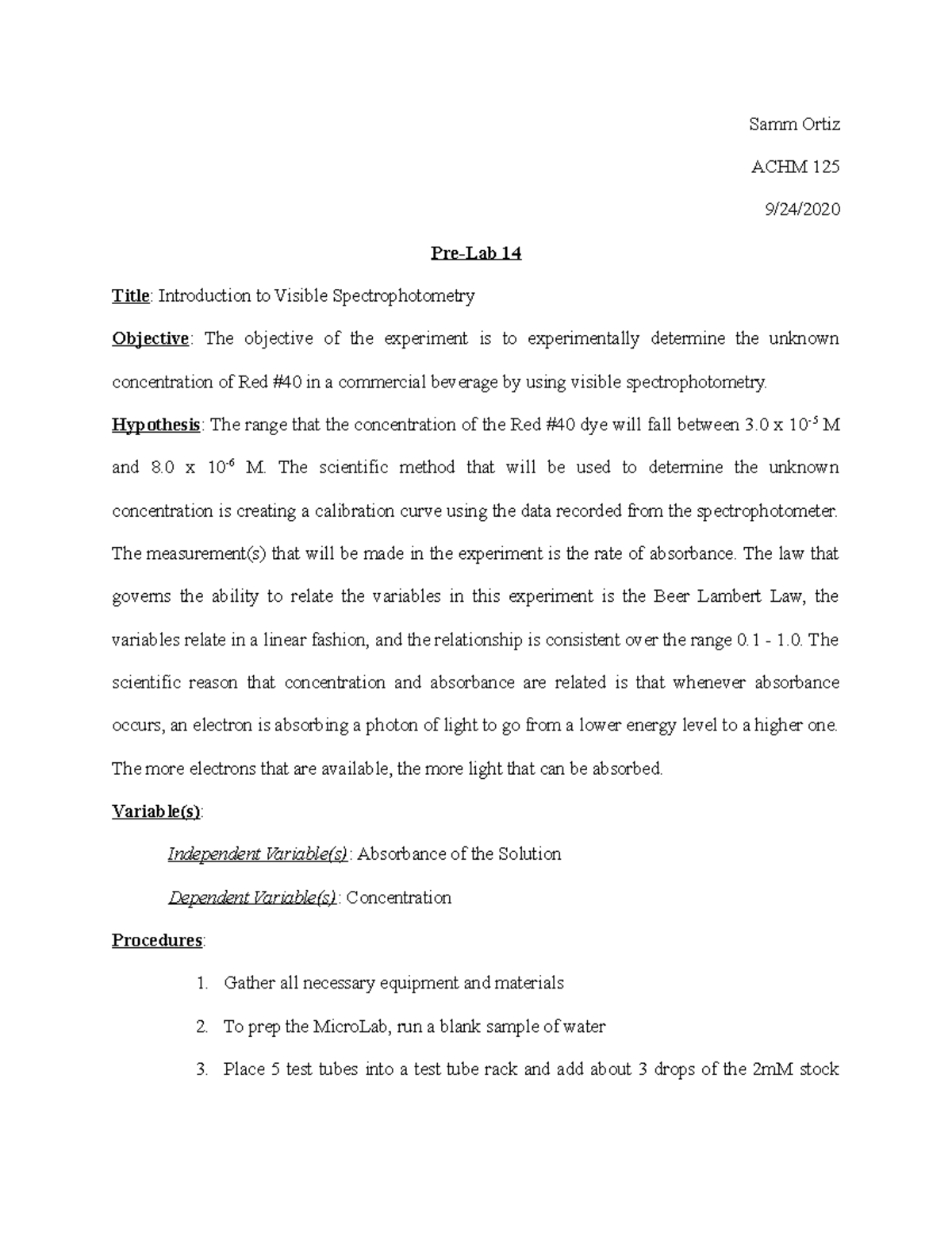 Chem Lab 14 - Gen Chem Lab 2 - Semester Length Course - Samm Ortiz ACHM ...