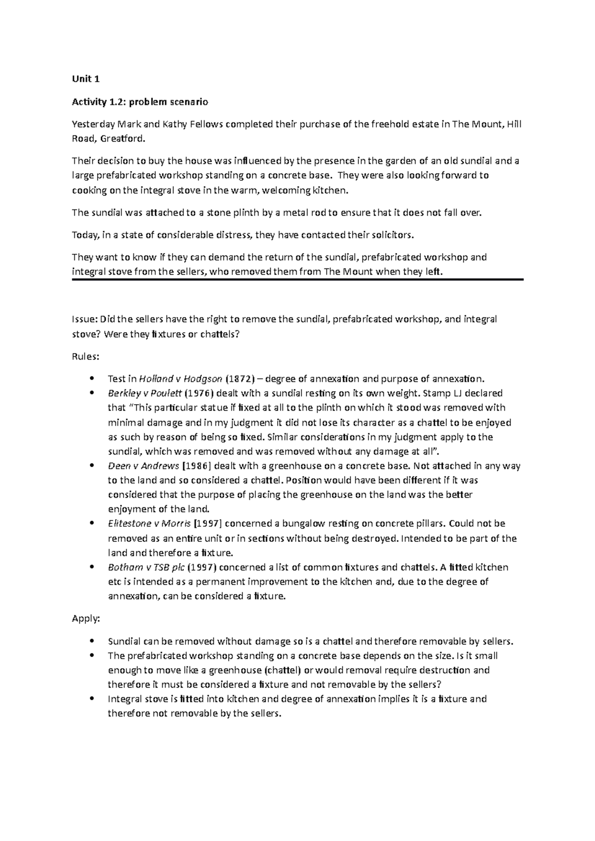 Fixtures and Chattels - Unit 1 Activity 1: problem scenario Yesterday ...