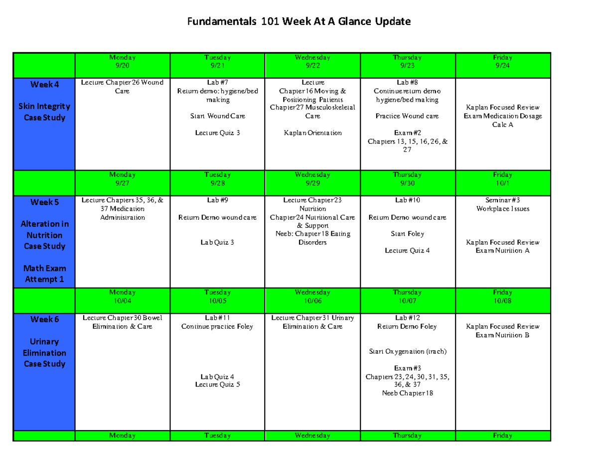 101 week at a glance - Fundamentals 101 Week At A Glance Update Monda y ...
