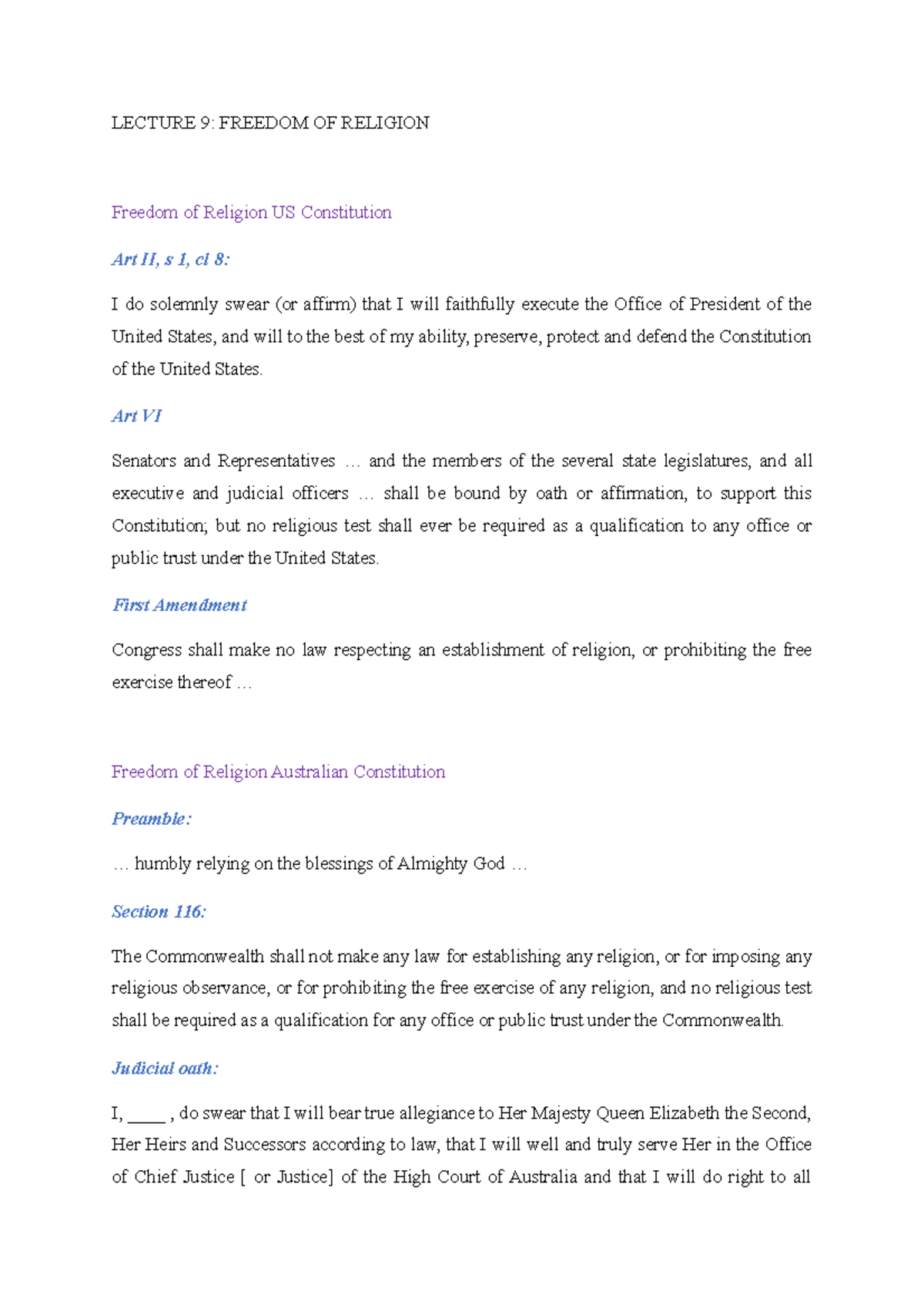 Lecture 9 Freedom of Religion - LECTURE 9: FREEDOM OF RELIGION Freedom ...