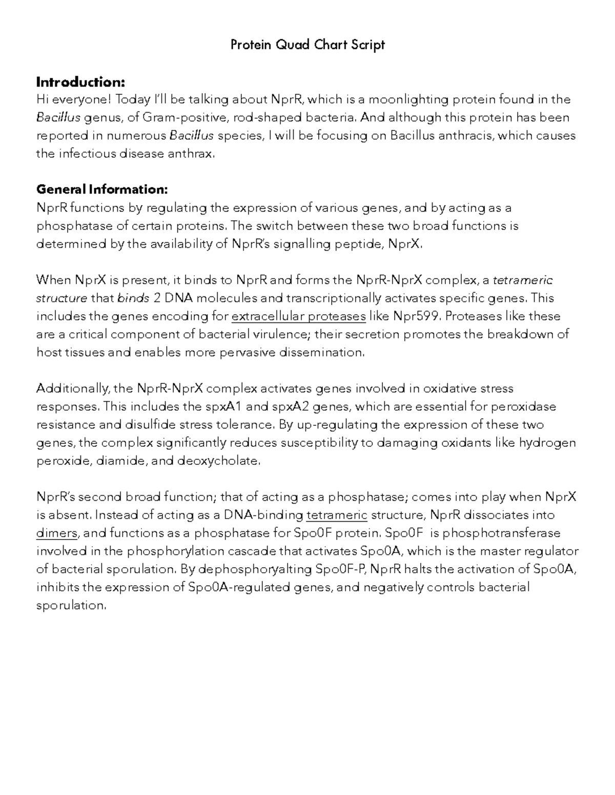 Advanced Biochemistry - Protein Quad Chart Script - Protein Quad Chart Script Introduction: Hi ...