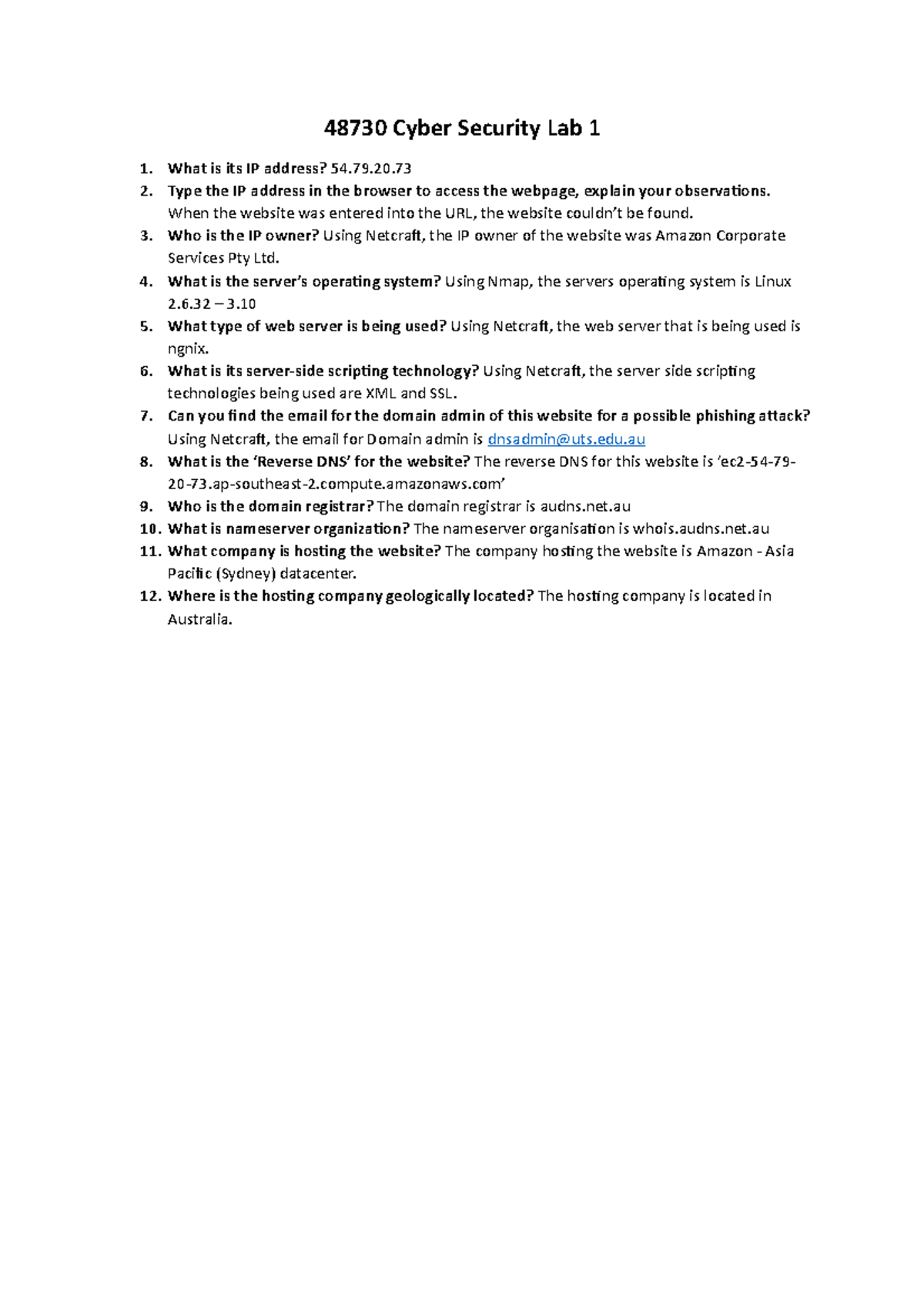 48730 Lab / Without SQL injection - 48730 Cyber Security Lab 1 1. What ...