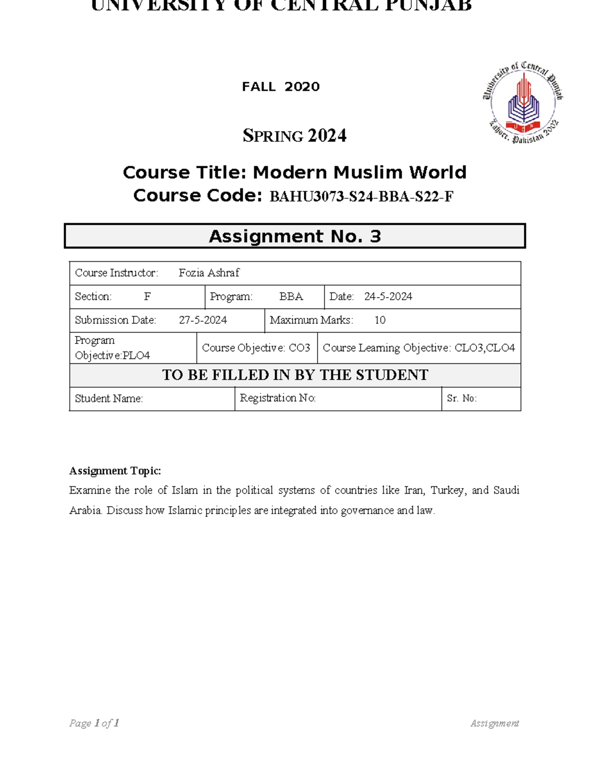 Assignment 3 24 use - UNIVERSITY OF CENTRAL PUNJAB FALL 2020 SPRING 2024 Course Title: Modern ...