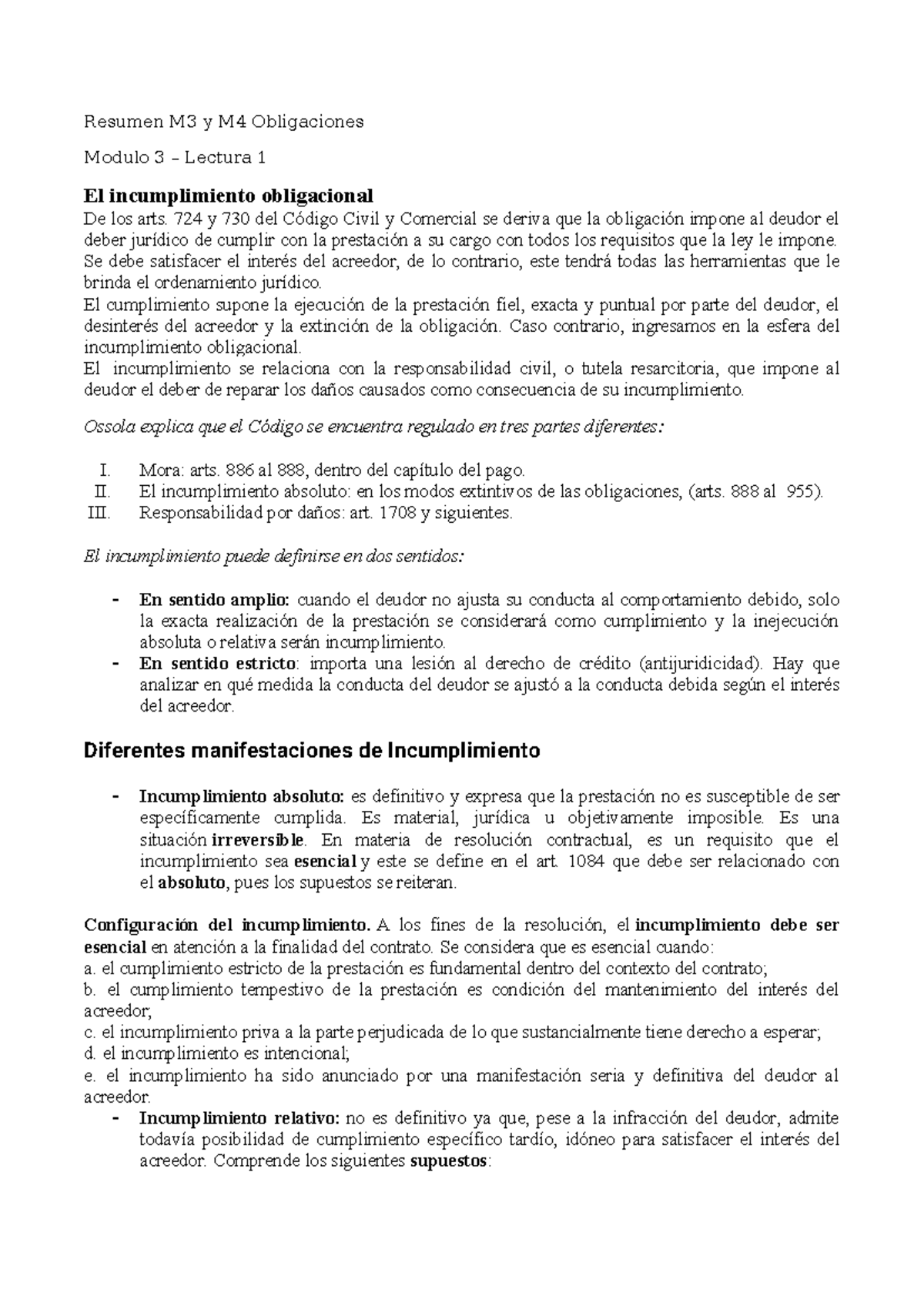 Resumen M3M4 Obligaciones - Resumen M3 y M4 Obligaciones Modulo 3 – Lectura 1 El incumplimiento ...