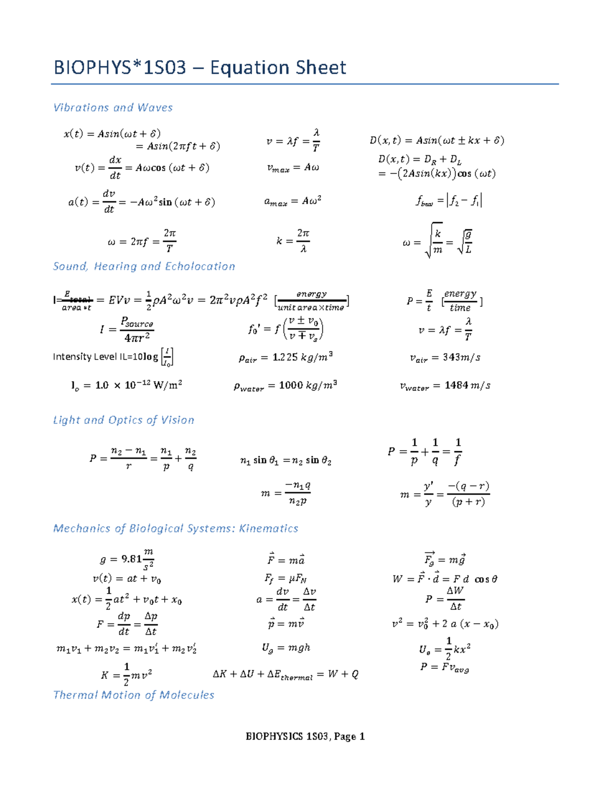 1S03 Equation Sheet 08302022 - BIOPHYSICS 1S03, Page 1 BIOPHYS*1S03 ...
