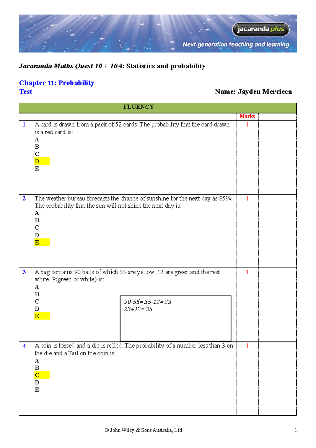 Yr 10 Probability maths test 2021 Jayden - Jacaranda Maths Quest 10 ...