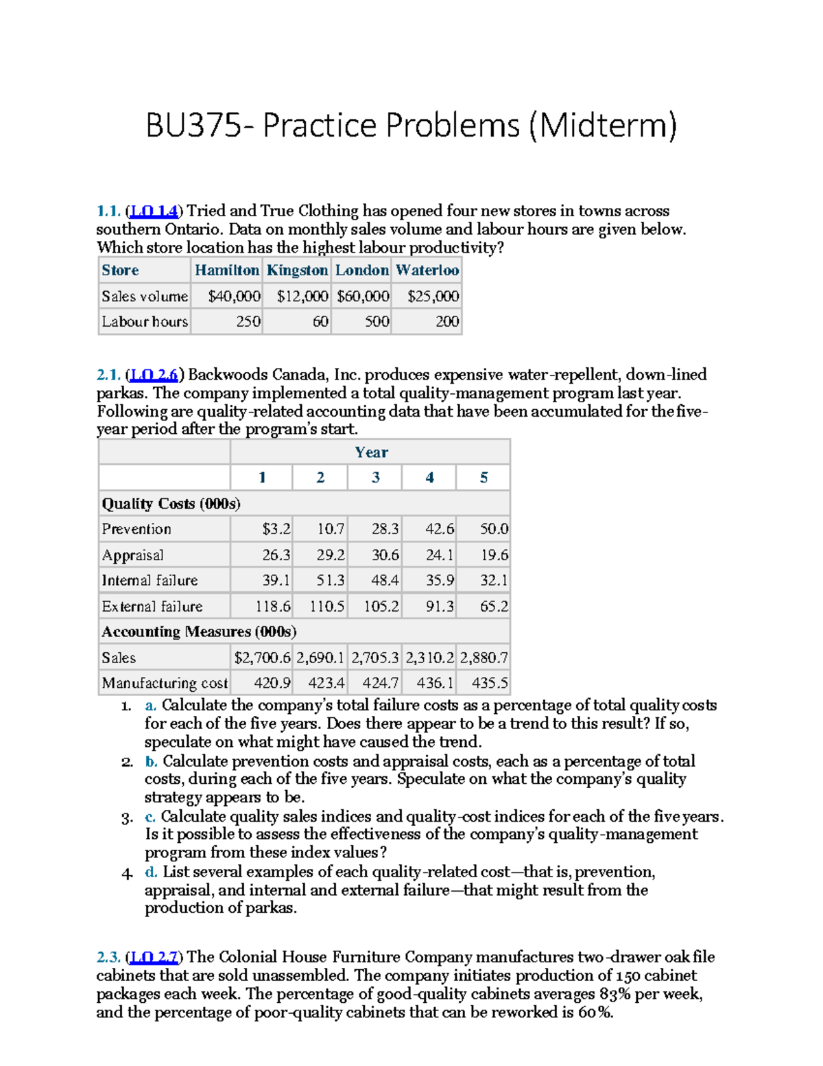 Midterm Practice Problem - BU375- Practice Problems (Midterm) 1. (LO 1 ...