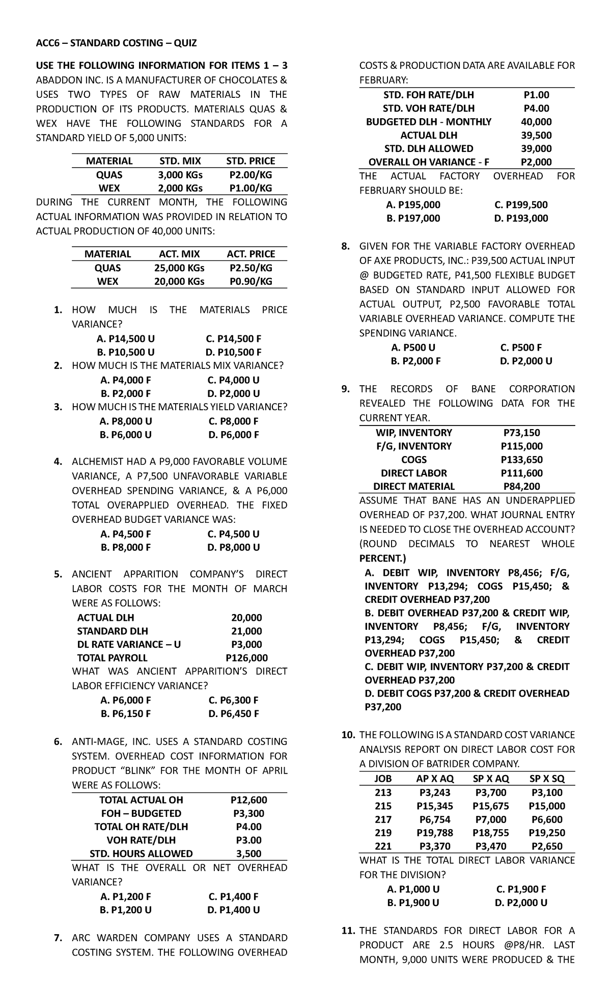 ACC6 Standard Costing QUIZ - ACC6 – STANDARD COSTING – QUIZ USE THE ...