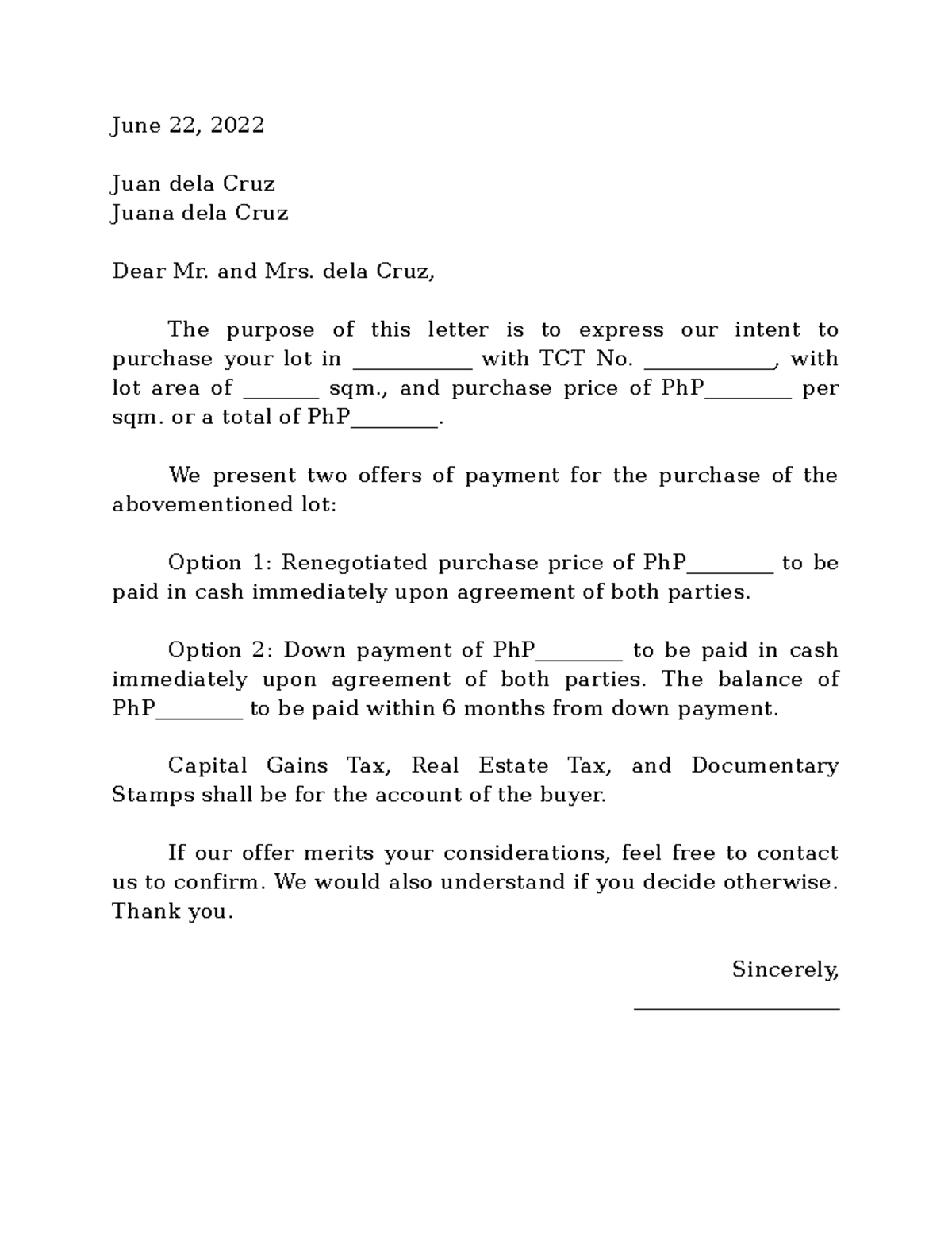Letter of Intent to Buy Land with Options - June 22, 2022 Juan dela ...