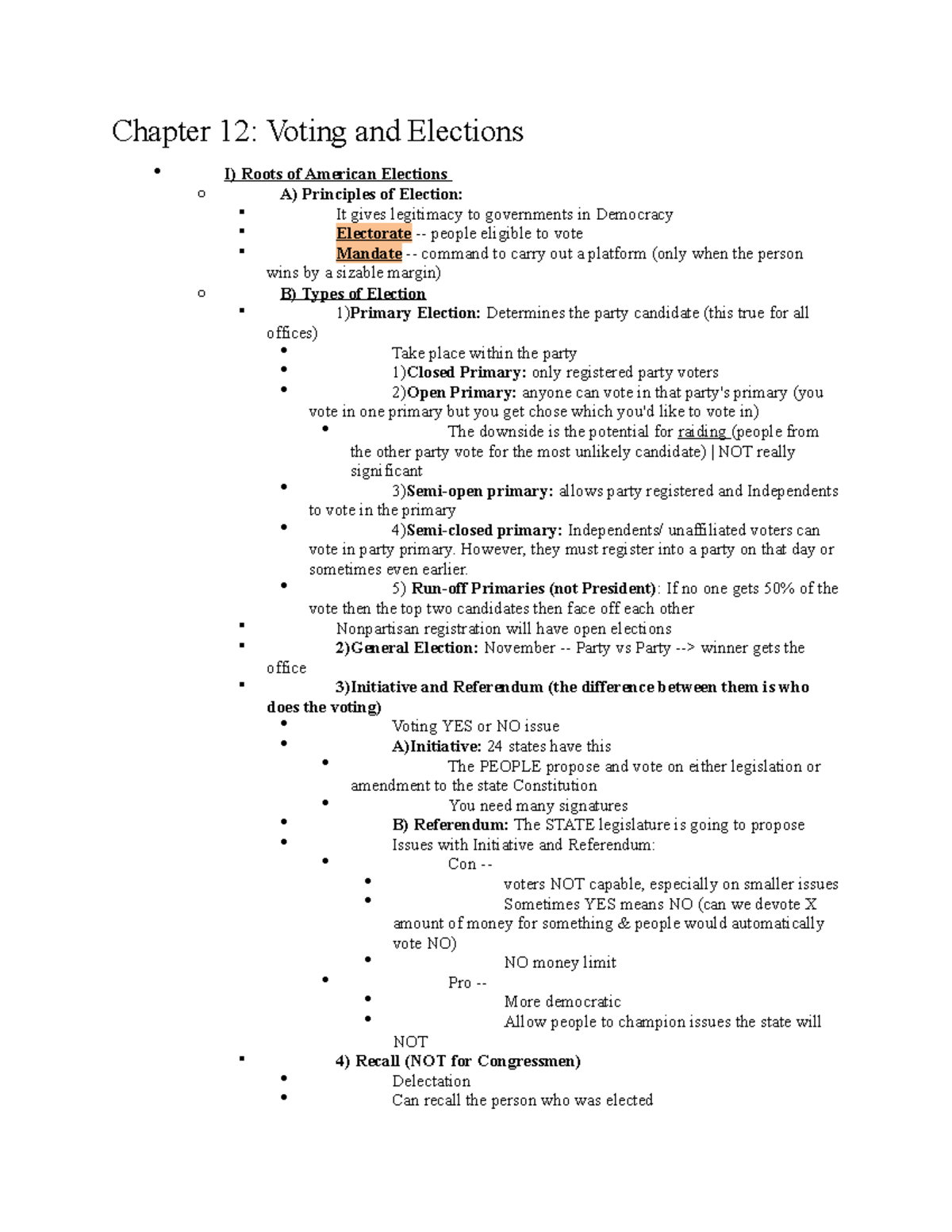 Chapter 12 & Ch 13 GOPO - Chapter 12: Voting and Elections I) Roots of ...